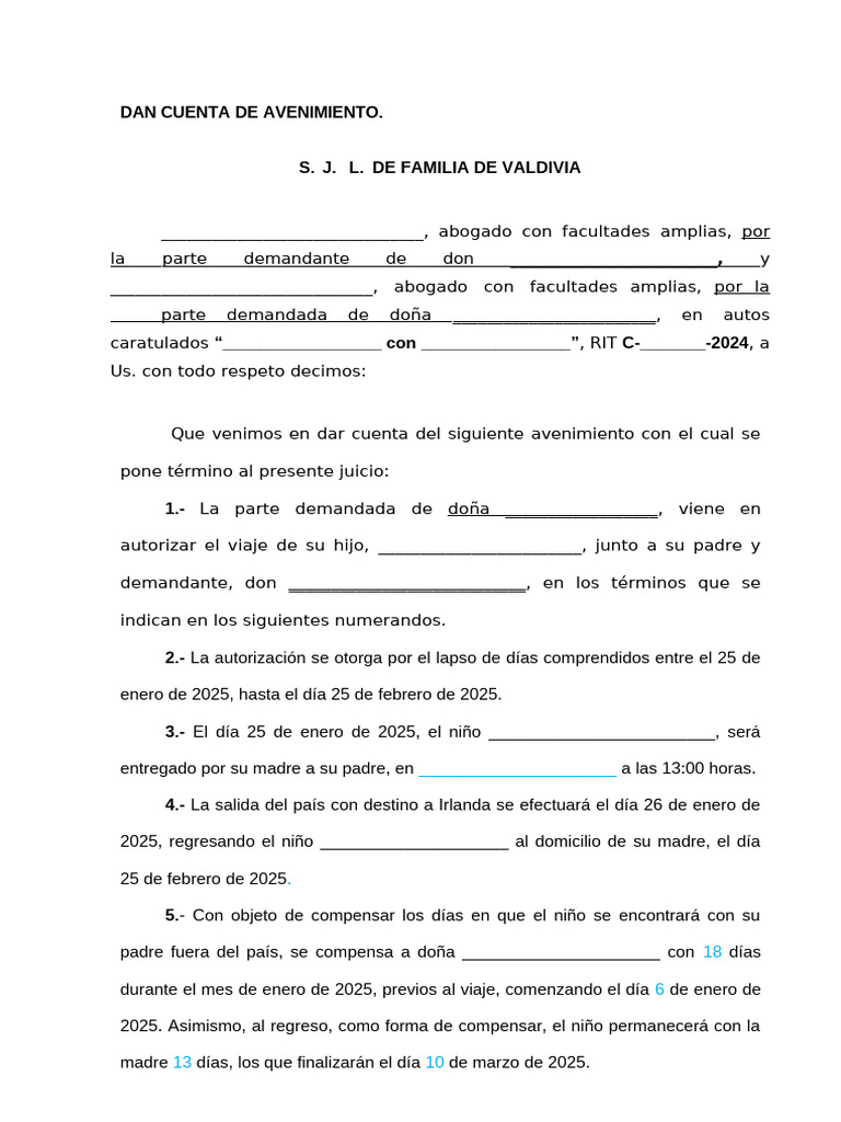 Modelo AVENIMIENTO, AUTORIZACIóN DE SALIDA DEL PAíS | PDF