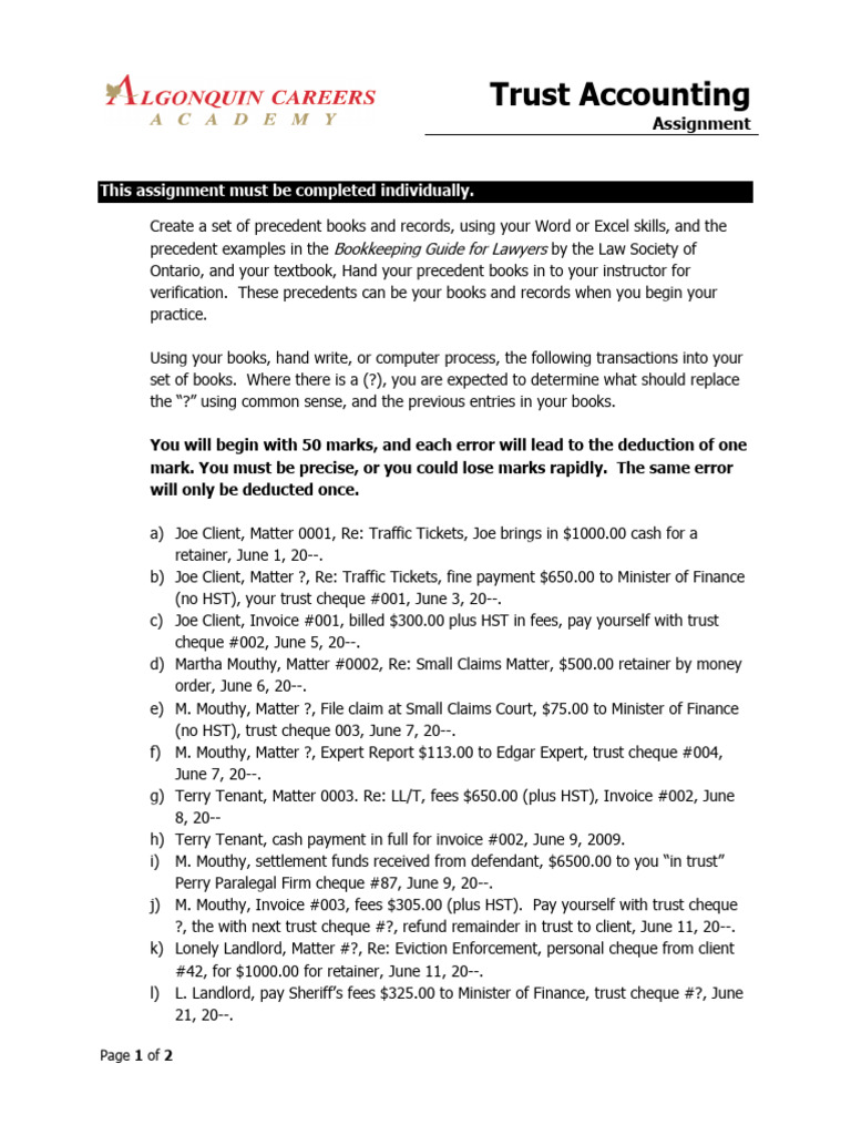 Trust Accounting Assignment Guide | PDF | Cheque | Payments