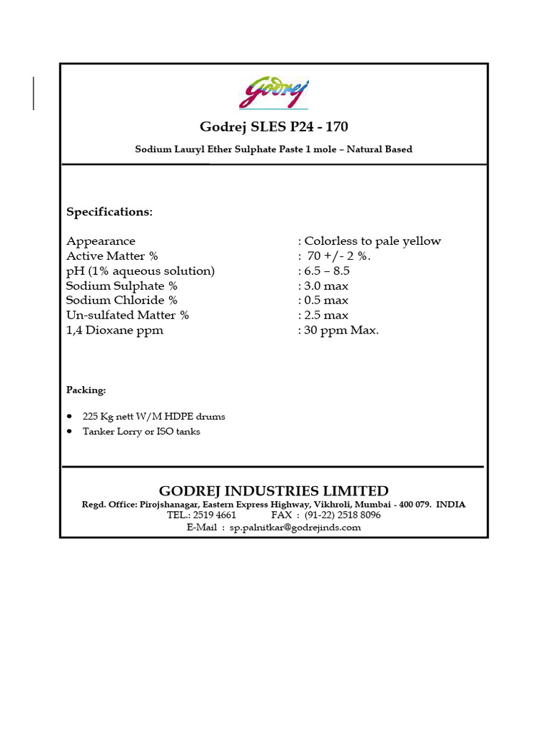 Godrej SLES Paste Specifications | PDF