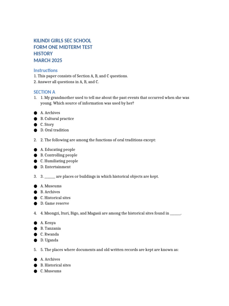 Form One History Midterm Test 2025 | PDF | Liberal Arts Education | Science