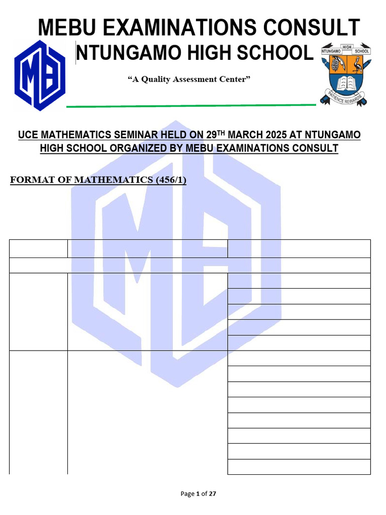 Ntungamo High School Seminar Questions | PDF | Algebra | Geometry