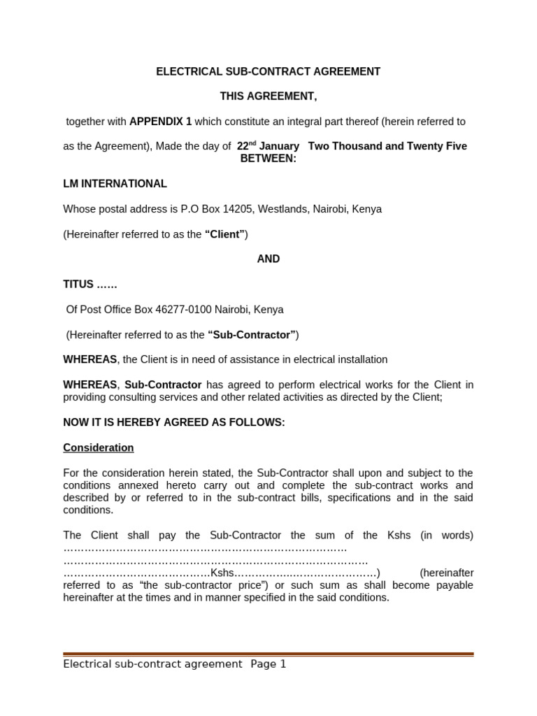Electrical Sub-Contract Agreement Template | PDF | Subcontractor ...