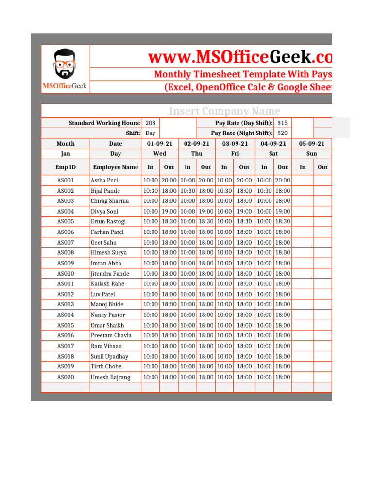 Monthly Timesheet and Payslip Template | PDF | Overtime | Paycheck