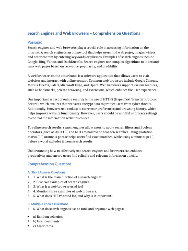 Search Engine and Browsers Comprehension | PDF | World Wide Web ...