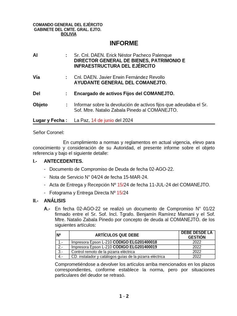 02 Informe de Devolución | PDF