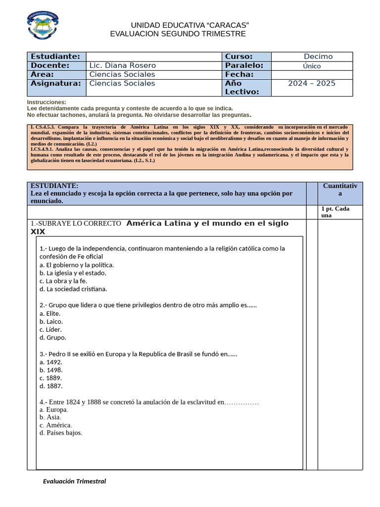 Examen Segundo Trimestre EESS Decimo 2024-2025 | PDF | America latina | Argentina