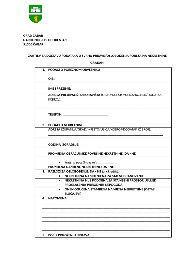 Porez Na Nekretnine Zahtjev Gradzani 2025 | PDF