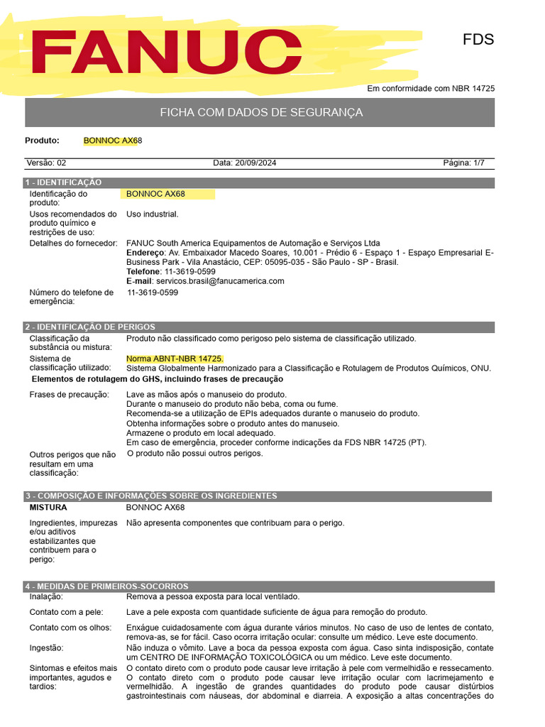Ficha de Segurança do BONNOC AX68 | PDF | Transporte | Dióxido de carbono