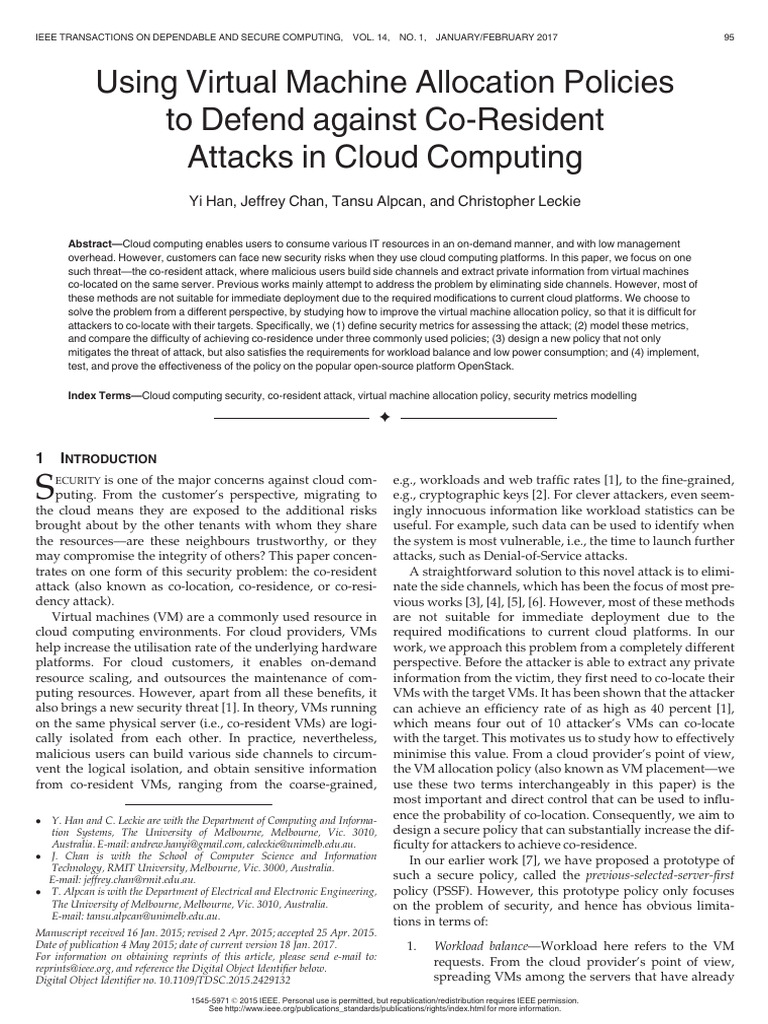 VM Allocation Policies Against Co-Resident Attacks | PDF | Cloud Computing | Virtual Machine
