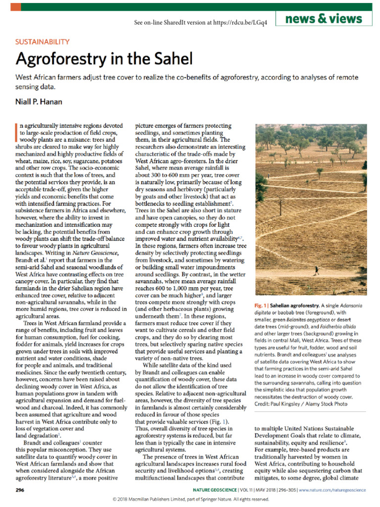 Hanan Nature-Geoscience 2018 Agroforestry in The Sahel | PDF