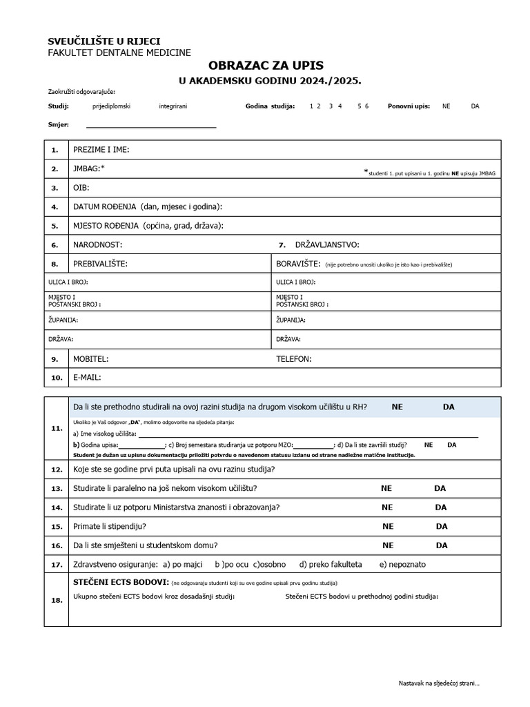 Obrazac Za Upis 2024 2025 1 | PDF
