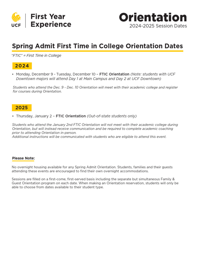 Spring 2025 - Orientation Dates FTIC Only UPDATED | PDF