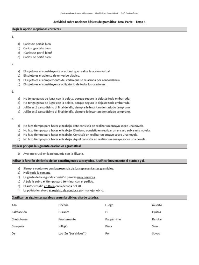 Actividad Nociones Básicas de Sintaxis | PDF | Asunto (gramática) | Verbo