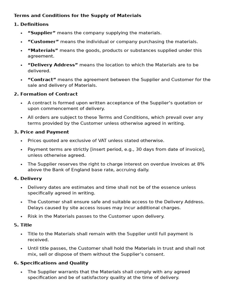 Generic Terms and Conditions For Supply of Materials | PDF | Legal ...