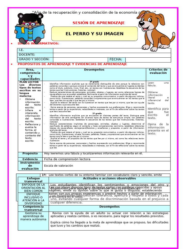 U1 S2 Sesion D4 Plan Lector El Perro y Su Imagen | PDF | Comprensión ...