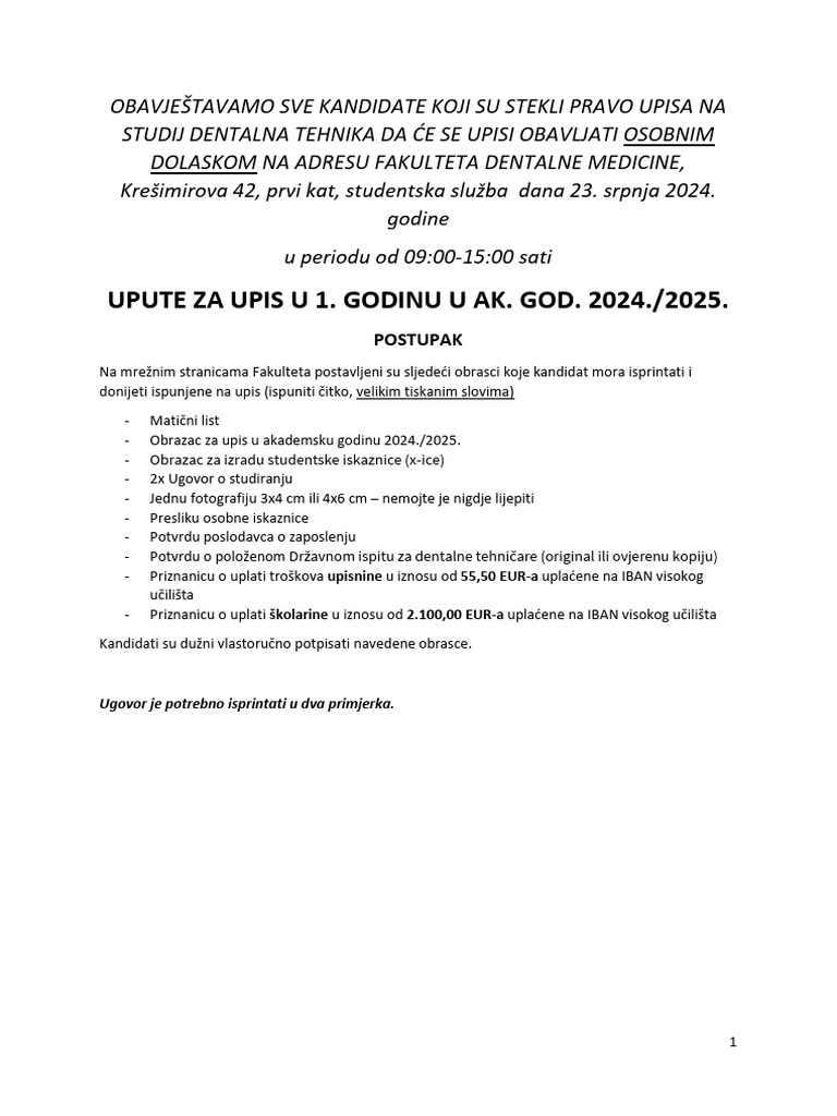 Upute Za Upis Dentalna Tehnika | PDF