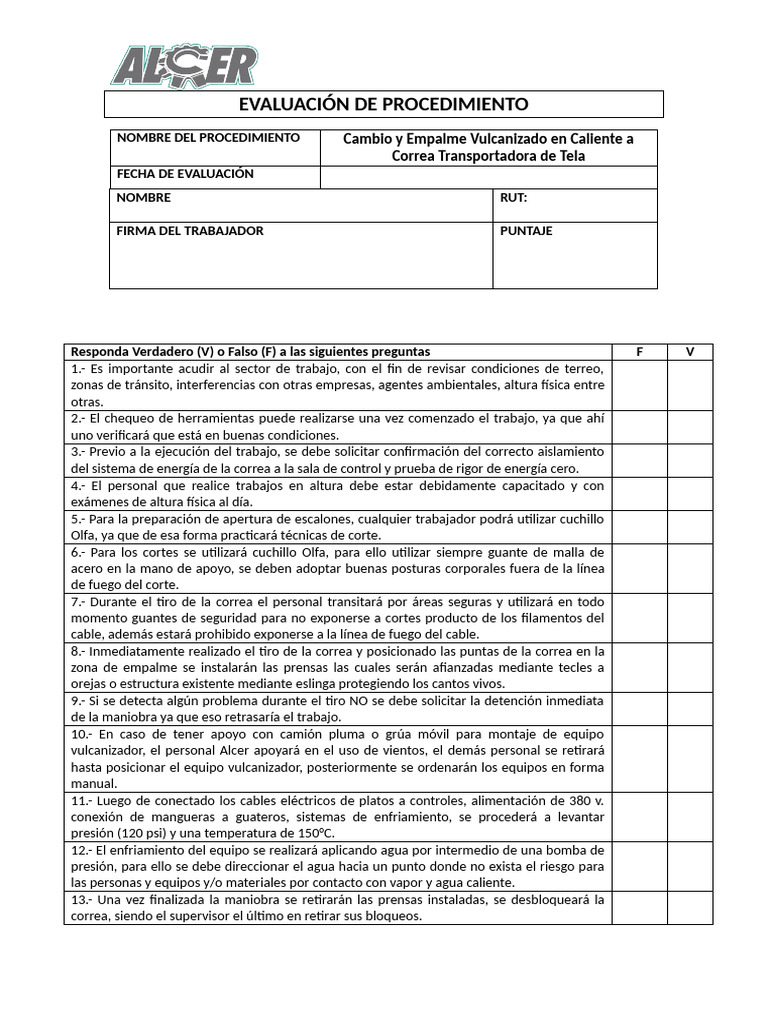 1.- EVALUACION PROCEDIMIENTO CAMBIO Y EMPALME VC CORREA TELA | PDF
