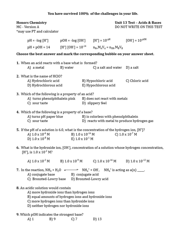 Practice HC AcidBaseTest | PDF | Acid | Ph