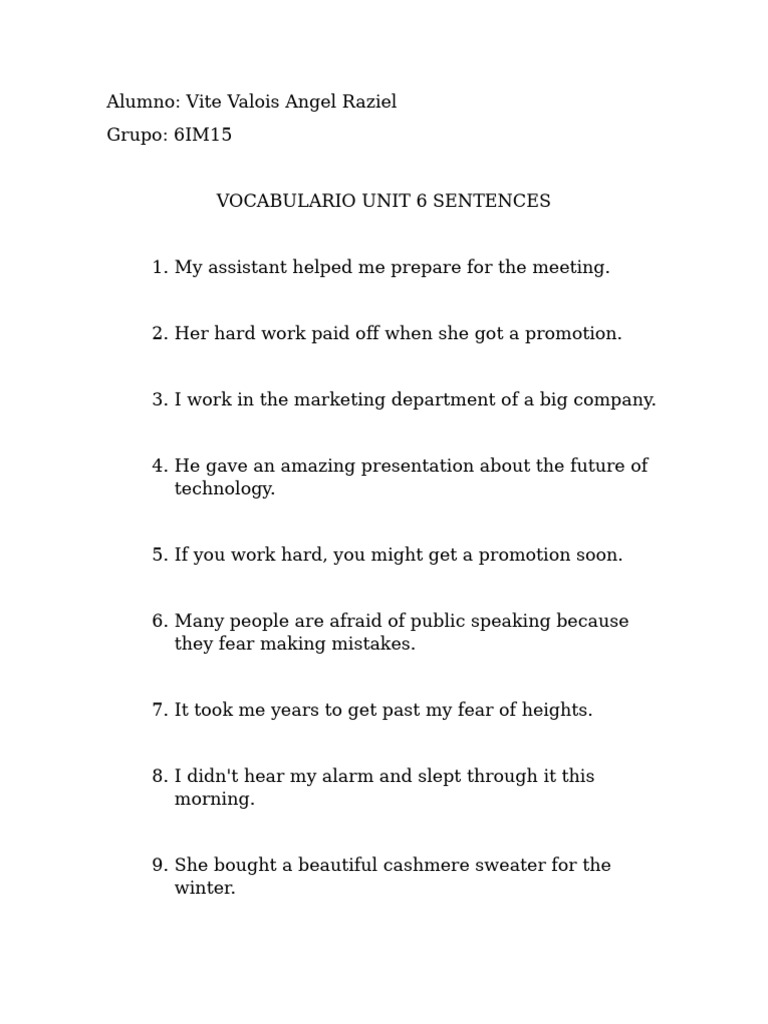 Unit 6 Vocabulary Sentences Guide | PDF