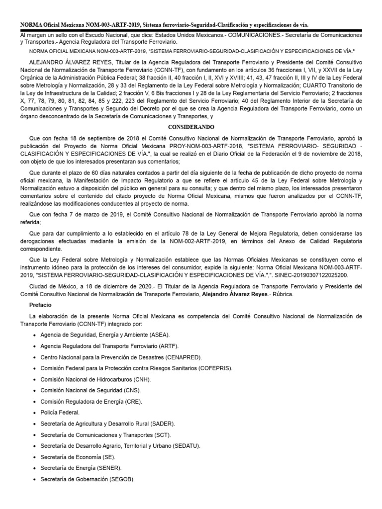 NORMA Oficial Mexicana NOM-003-ARTF-2019 | PDF | México | Tren
