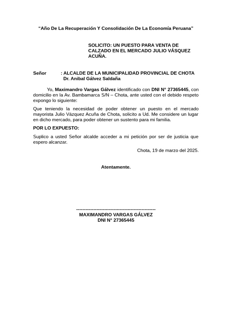 Solicitud de Puesto en Mercado Chota | PDF