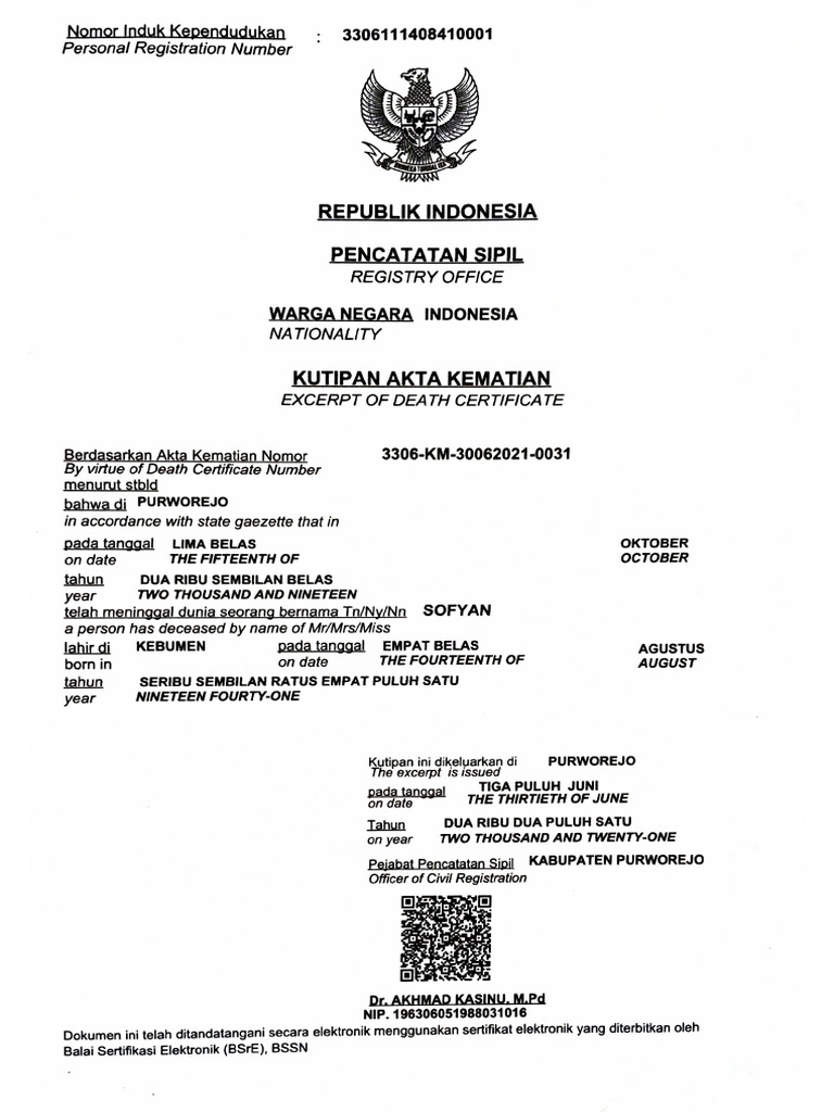 Akta Kematian Sofyan | PDF