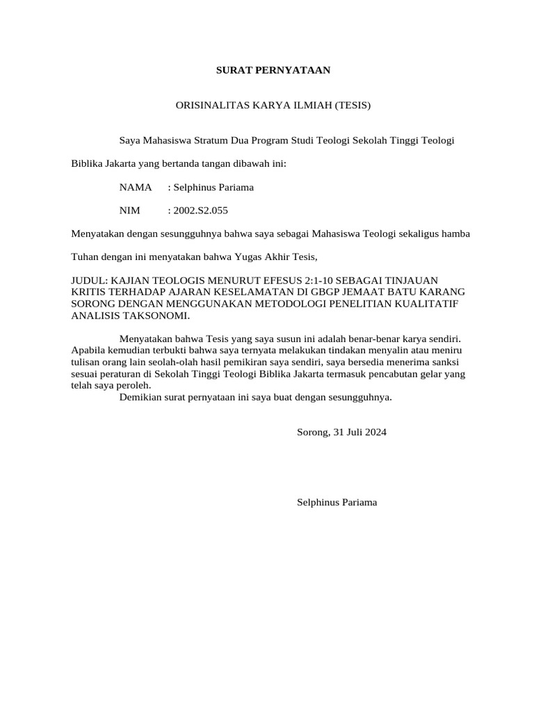 Surat Pernyataan Orisinalitas Karya | PDF