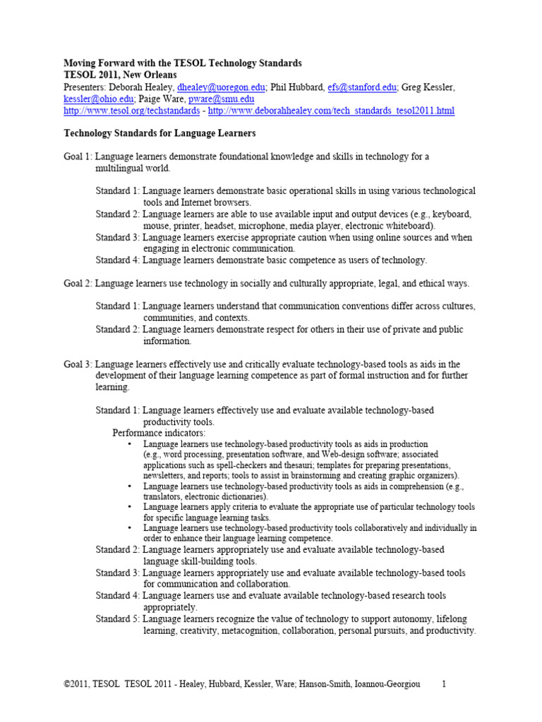 TESOL Technology Standards Overview | PDF | Teachers | Language Education