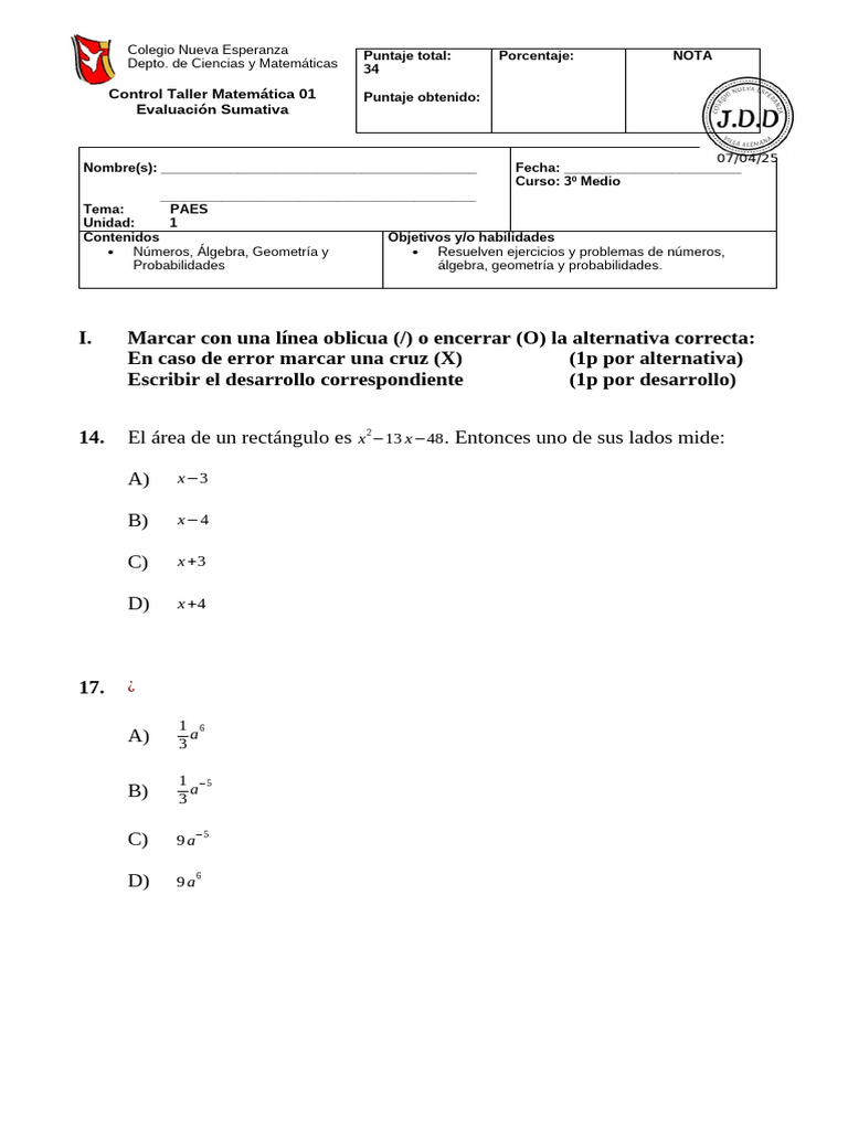 3M Control Taller (1) FILA B | PDF | Matemáticas