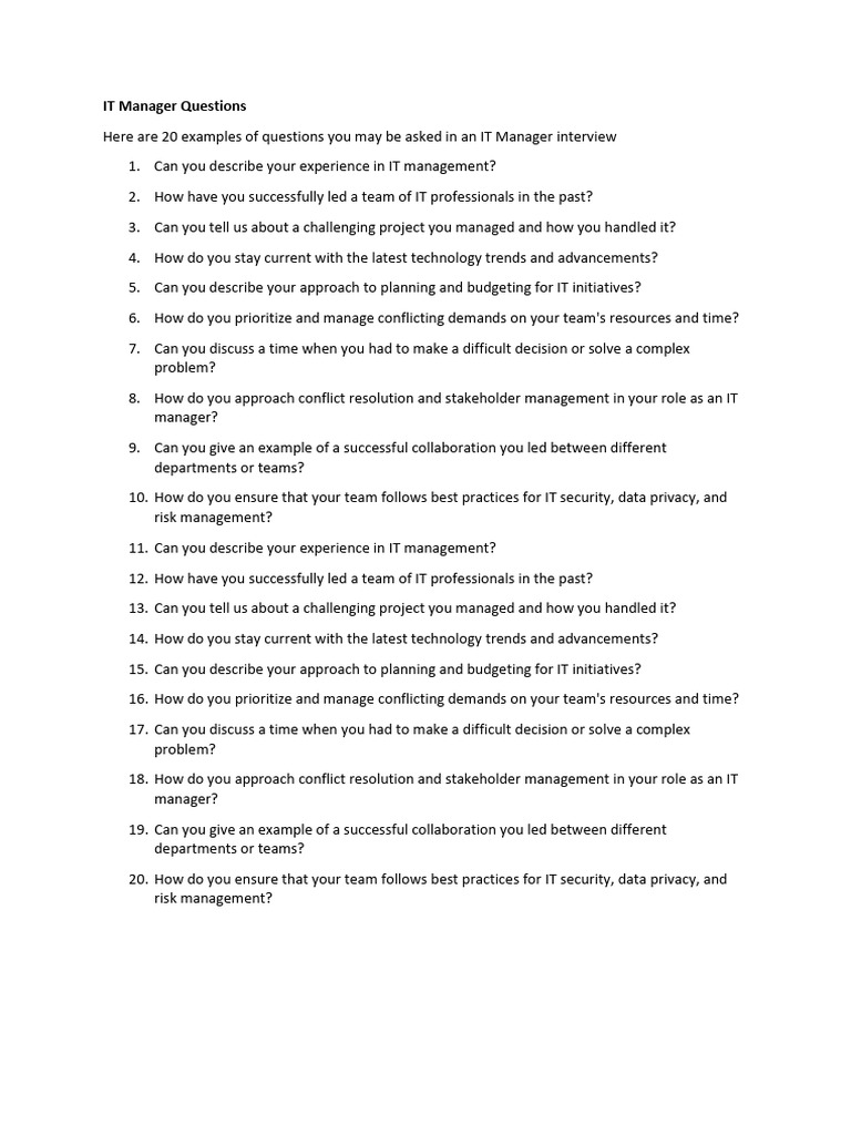 IT Manager Interview Questions | PDF