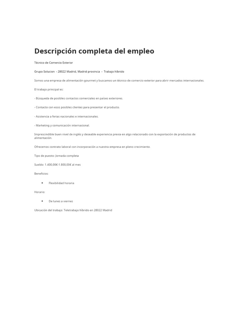 Descripción Completa Del Empleo | PDF | Empleo | El comercio internacional