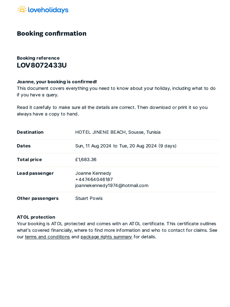 Booking Confirmation 124801 | PDF | Travel Visa