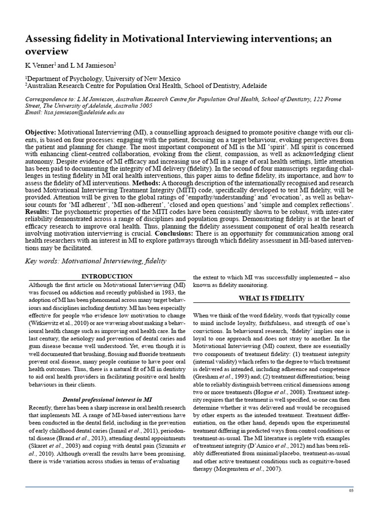 Assessing Fidelity in Motivational Interviewing Interventions an ...