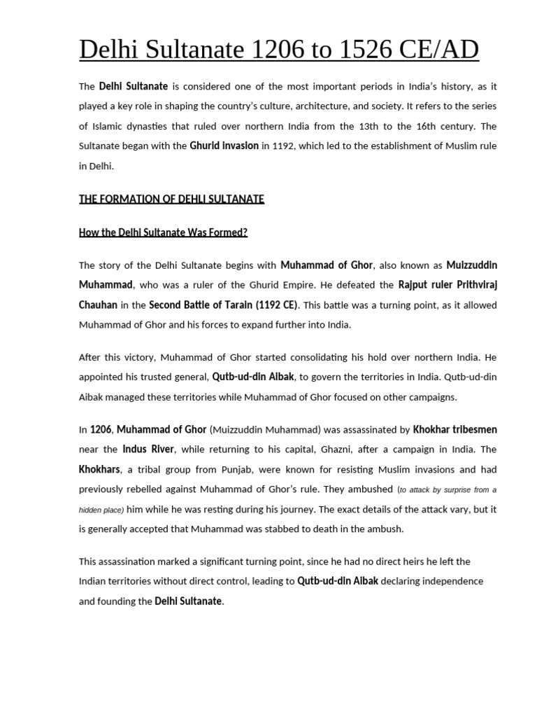 Delhi Sultanate 1206 To 1526 CE (Introduction) | PDF | Delhi