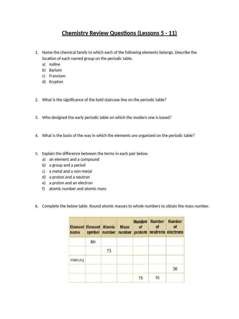 Chemistry Review Questions Overview | PDF | Chemical Compounds | Molecules