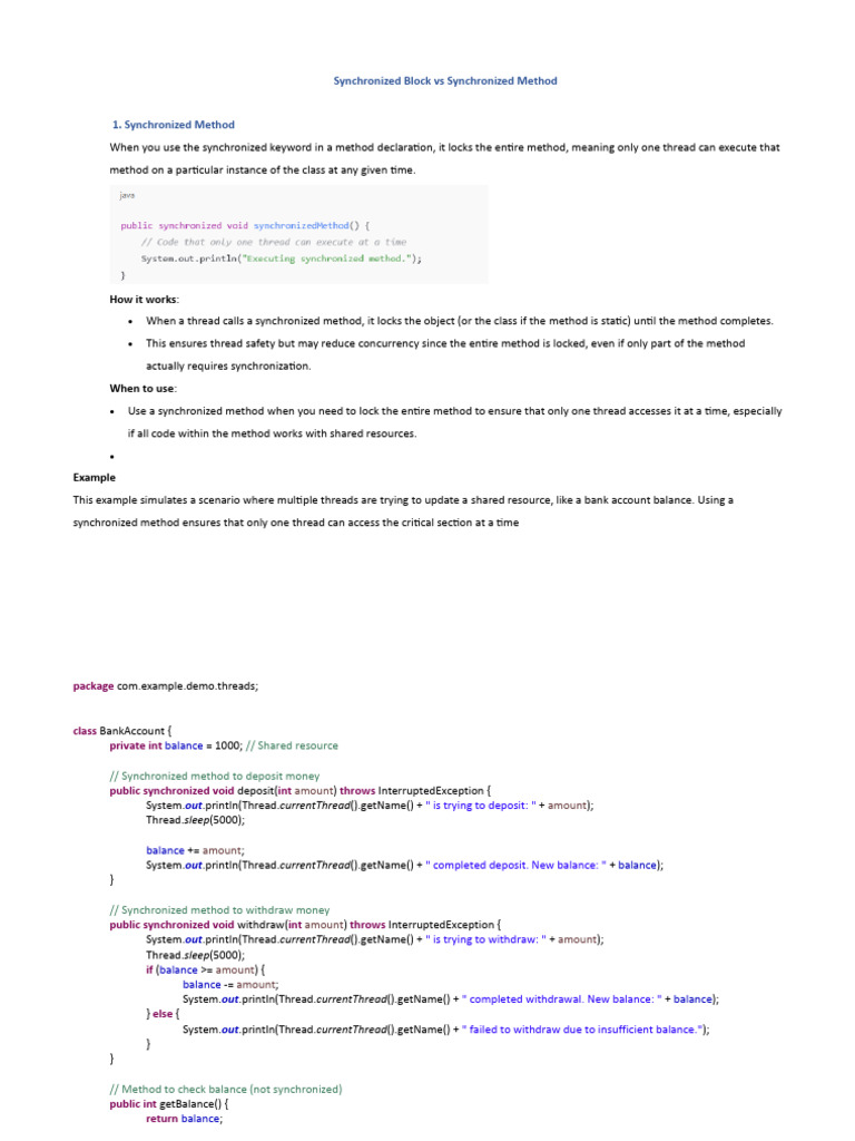 Synchronized Block Vs Synchronized Method | PDF | Computer Engineering | Concurrent Computing