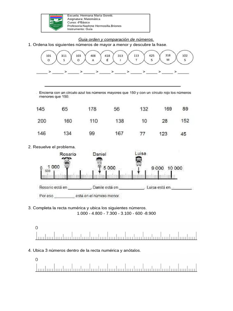 Guia orden y comparacion de números. | PDF