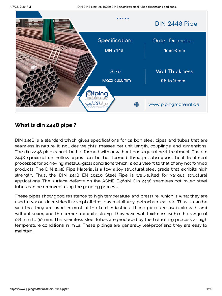 DIN 2448 Pipe, en 10220 2448 Seamless Steel Tubes Dimensions and Spec ...
