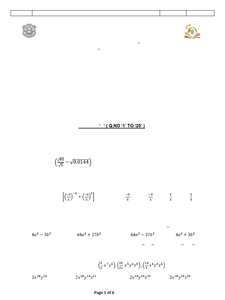 Class 8 Maths Sample Paper 2024-25 | PDF | Area | Equations