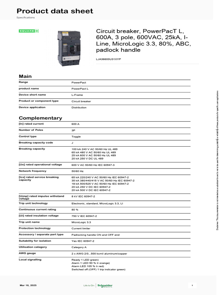 Schneider Electric PowerPact LFrame Molded Case Circuit Breakers ...