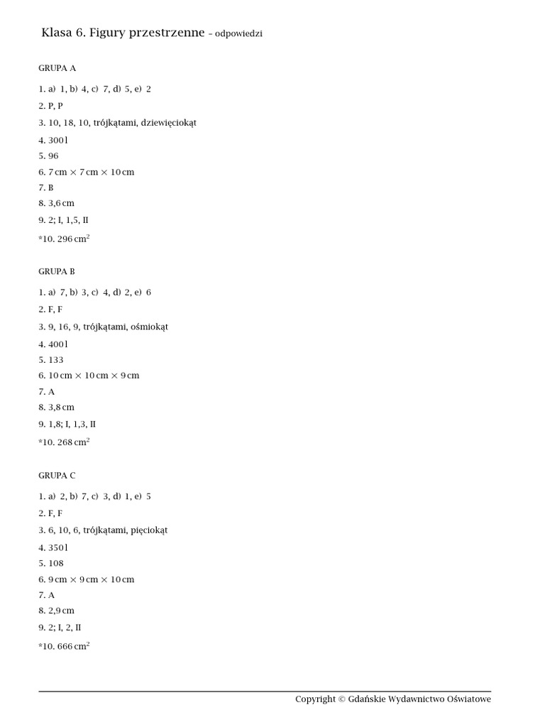 Klasa 6. Figury Przestrzenne - Odpowiedzi PRACA KLASOWA | PDF