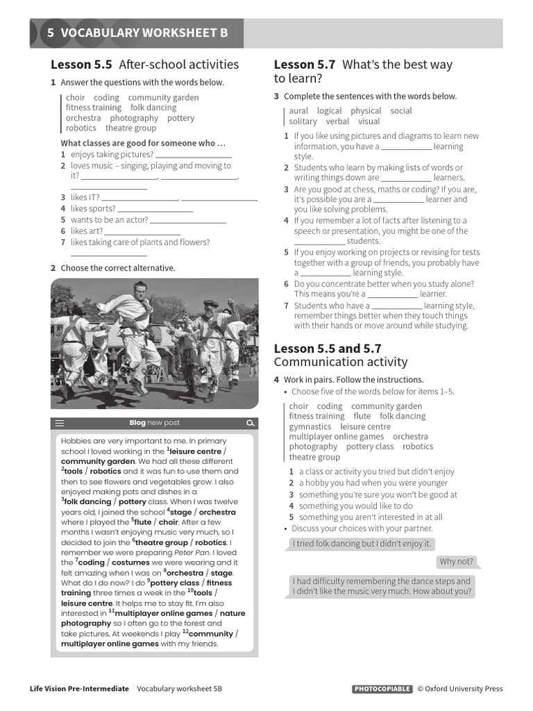 Life Vision Pre-Int Vocab Worksheet B U5 | PDF | Learning Styles | Learning