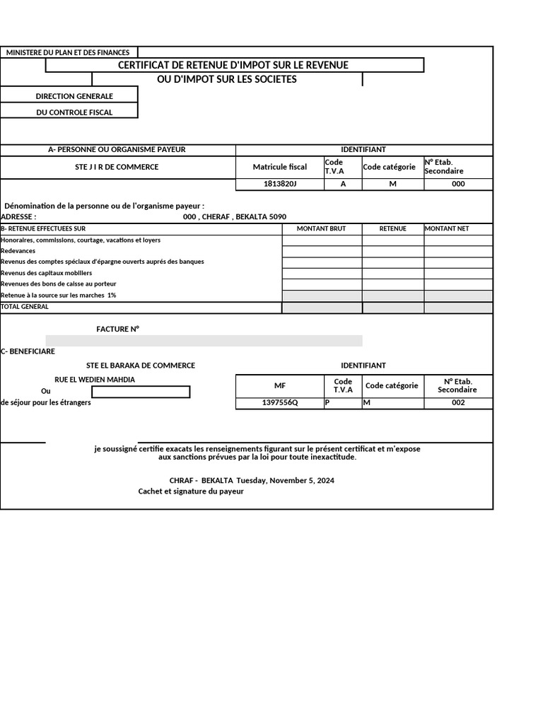 Certificat de Retenue d'Impôt BNC | PDF | Impôts | Taxe d'entreprise