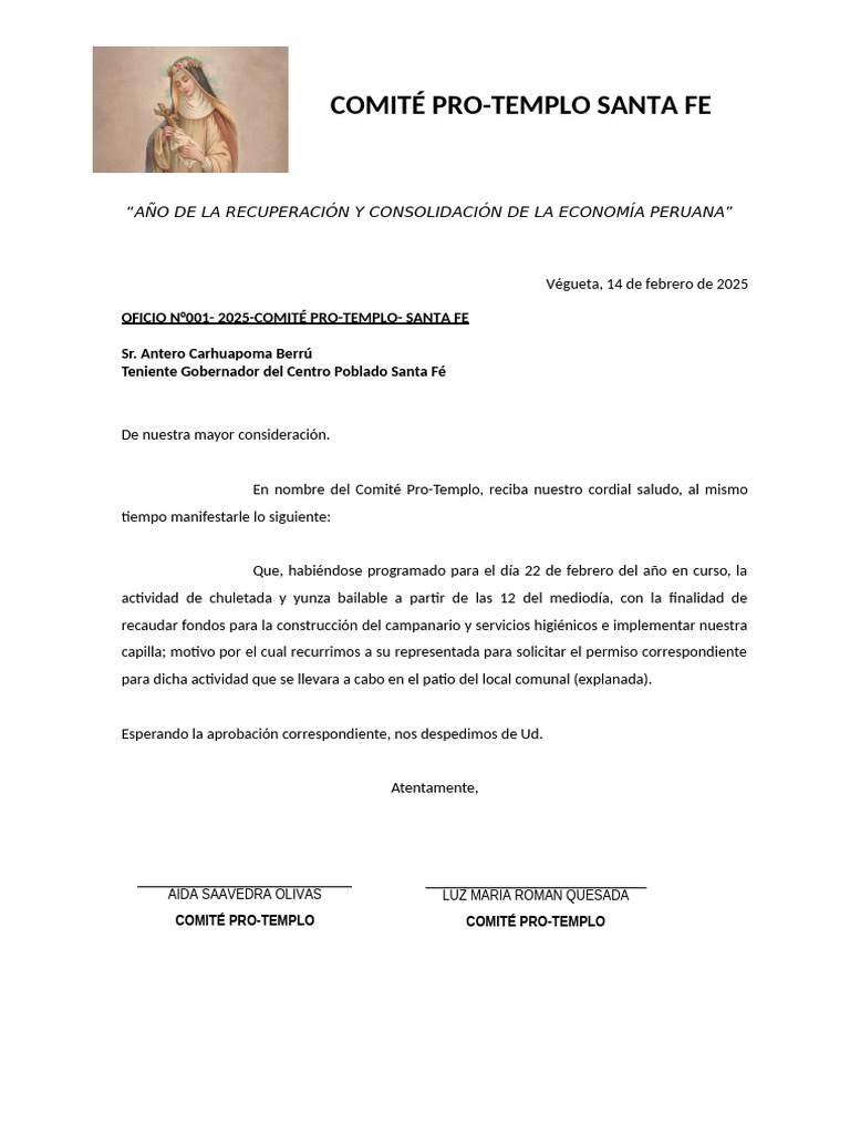 OFICIO N°001- COMITE PRO TEMPLO | PDF