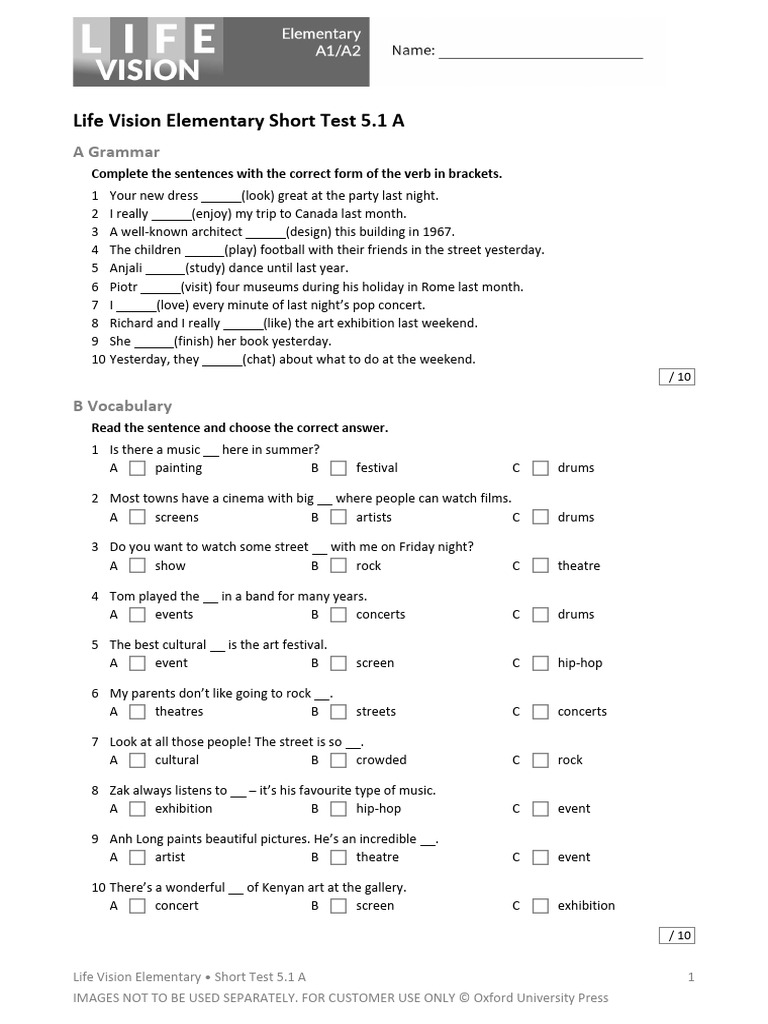 Life Vision Elementary Short Test 5.1 A | PDF