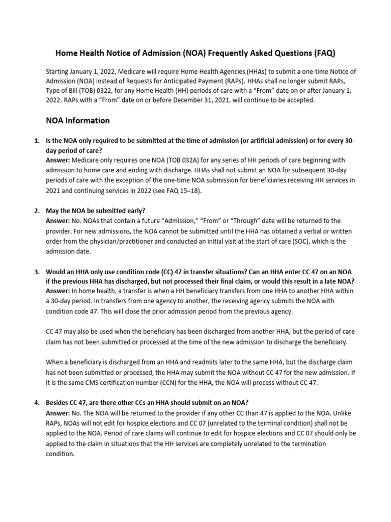 Home Health Notice of Admission NOA Frequently Asked Questions FAQ | PDF | Medicare (United ...