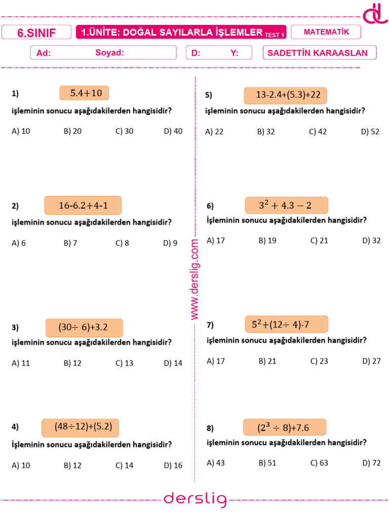 Islem Onceligi Test 1 Sadettin Karaaslan | PDF