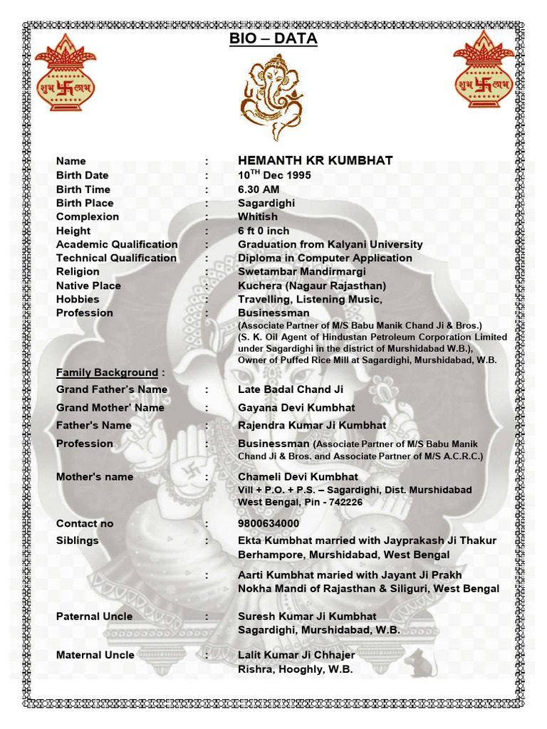 Bio Data of Hemanth Kumbhat | PDF