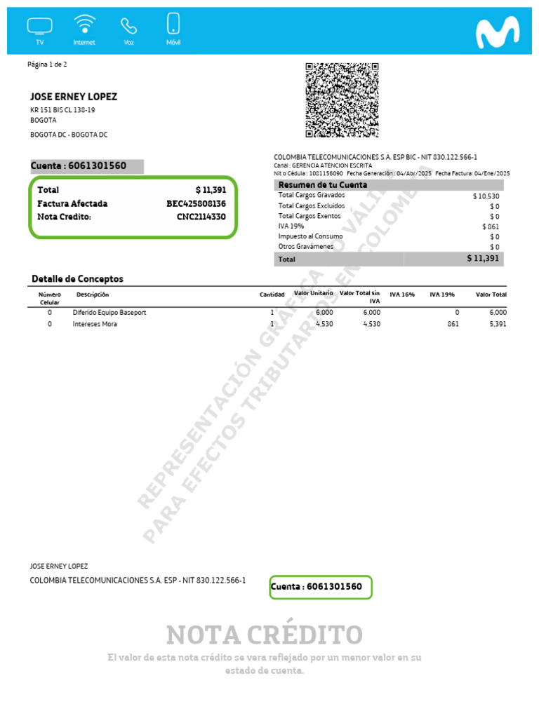 Nota Crédito 6061301560 Pdf Bogotá Business