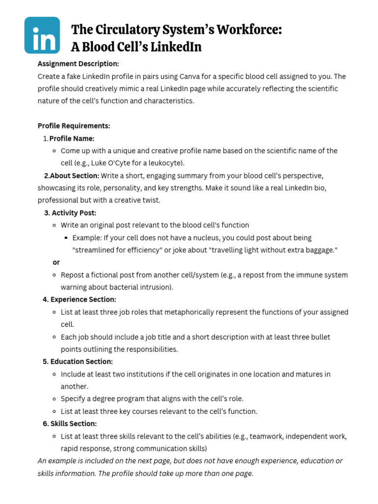 Blood Cell LinkedIn Profile Project With Rubric | PDF
